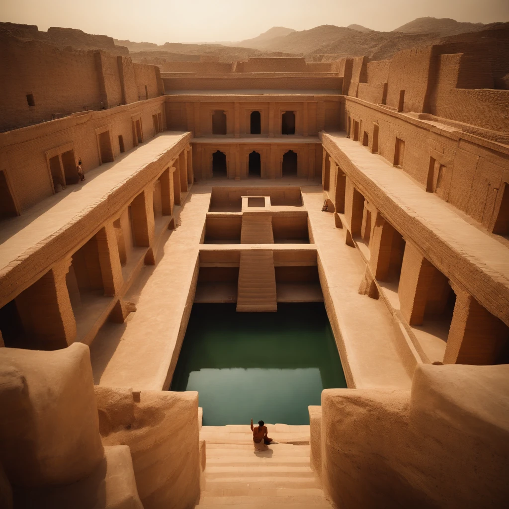 A view of a pool in a building with a person sitting on the steps ...
