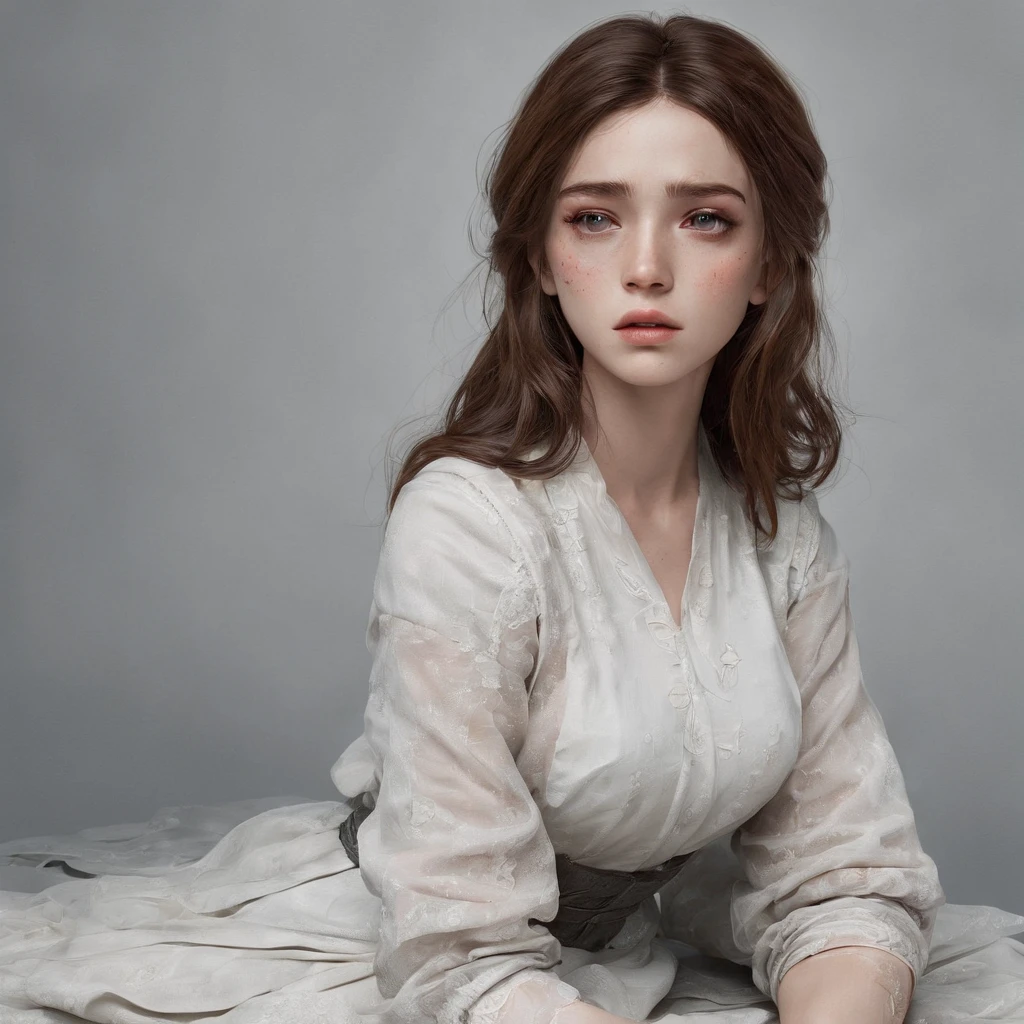 A woman in a white dress sitting on a bed with a white blanket - SeaArt AI