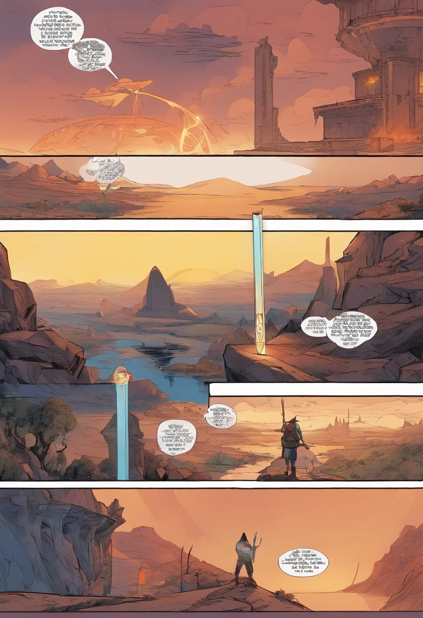 A comic page with a man standing on a cliff looking at a sunset - SeaArt AI