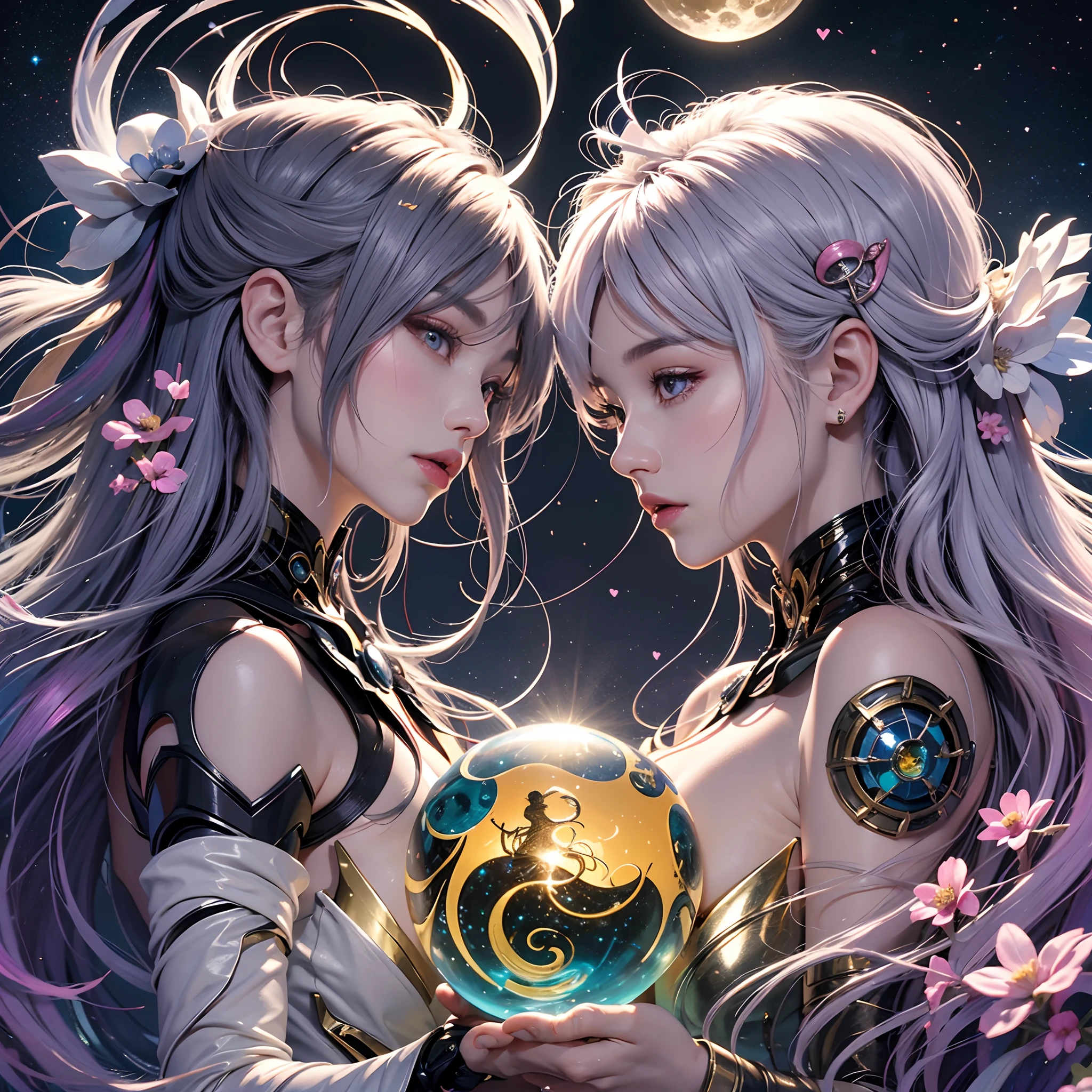 Two anime girls with long hair holding a crystal ball - SeaArt AI