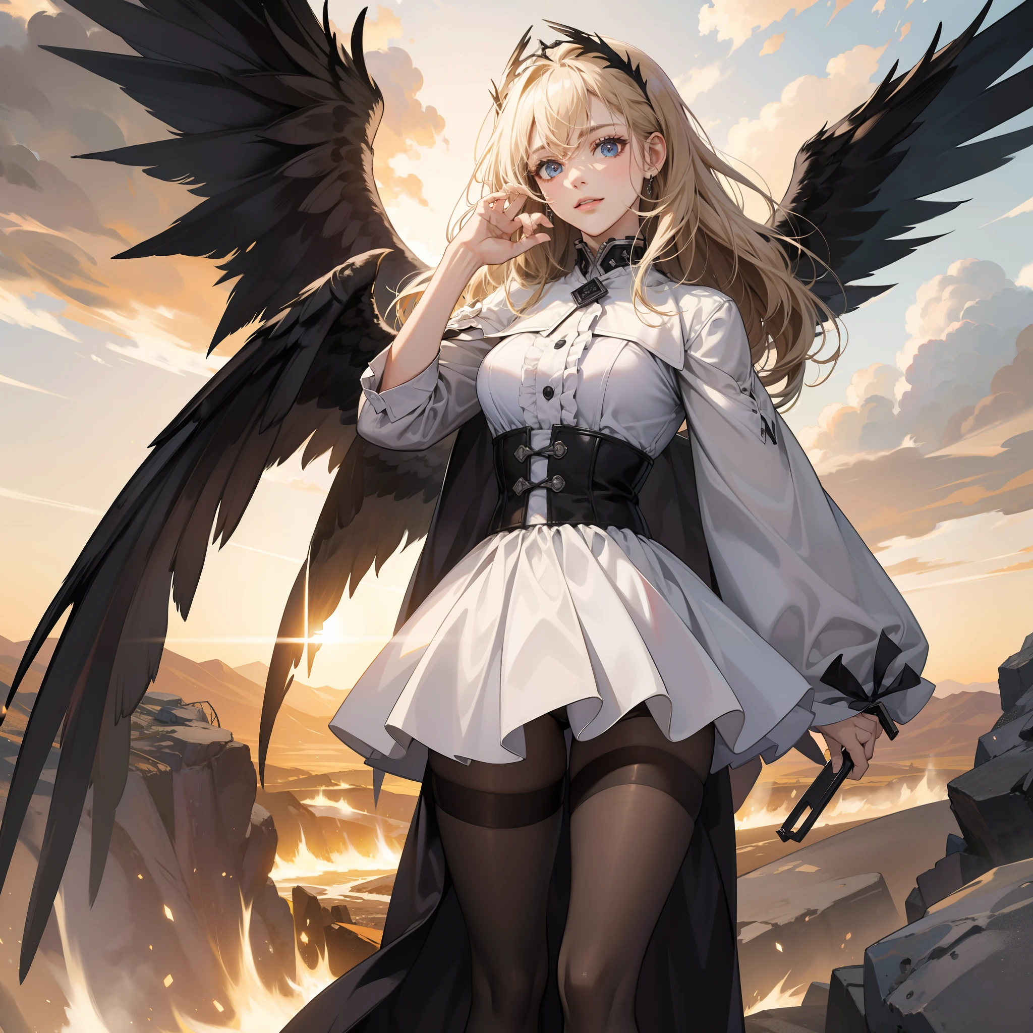 Anime angel girl with wings and a sword standing on a cliff - SeaArt AI