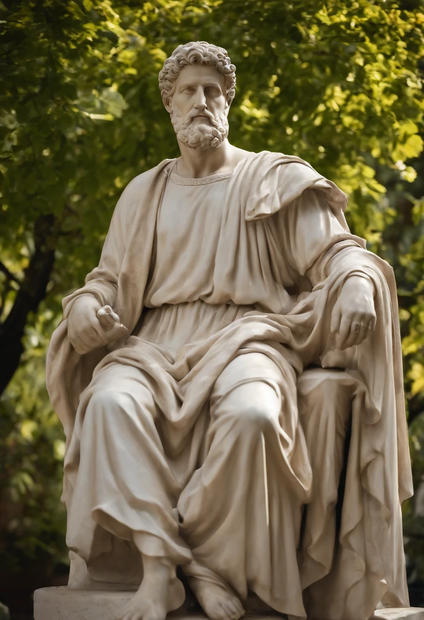 Arafed statue of a man sitting on a bench in a park - SeaArt AI