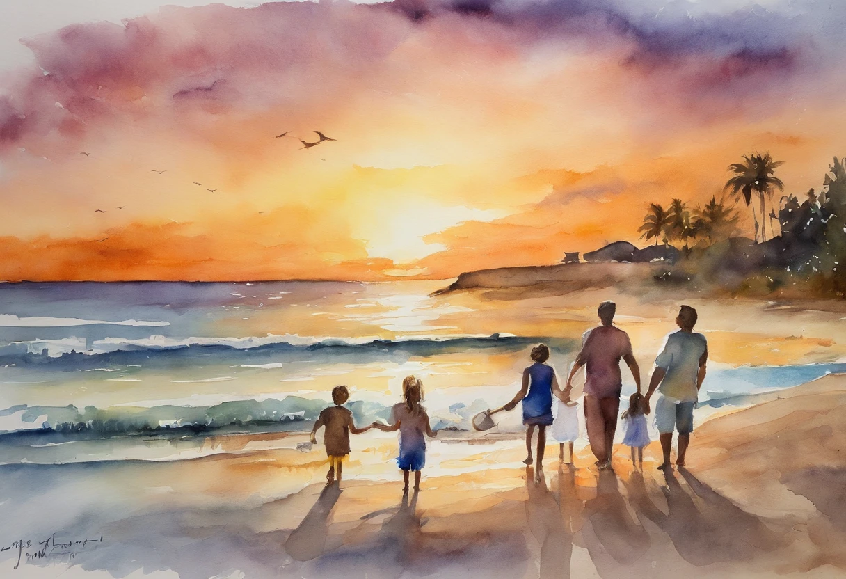 Painting of a family walking on the beach at sunset - SeaArt AI