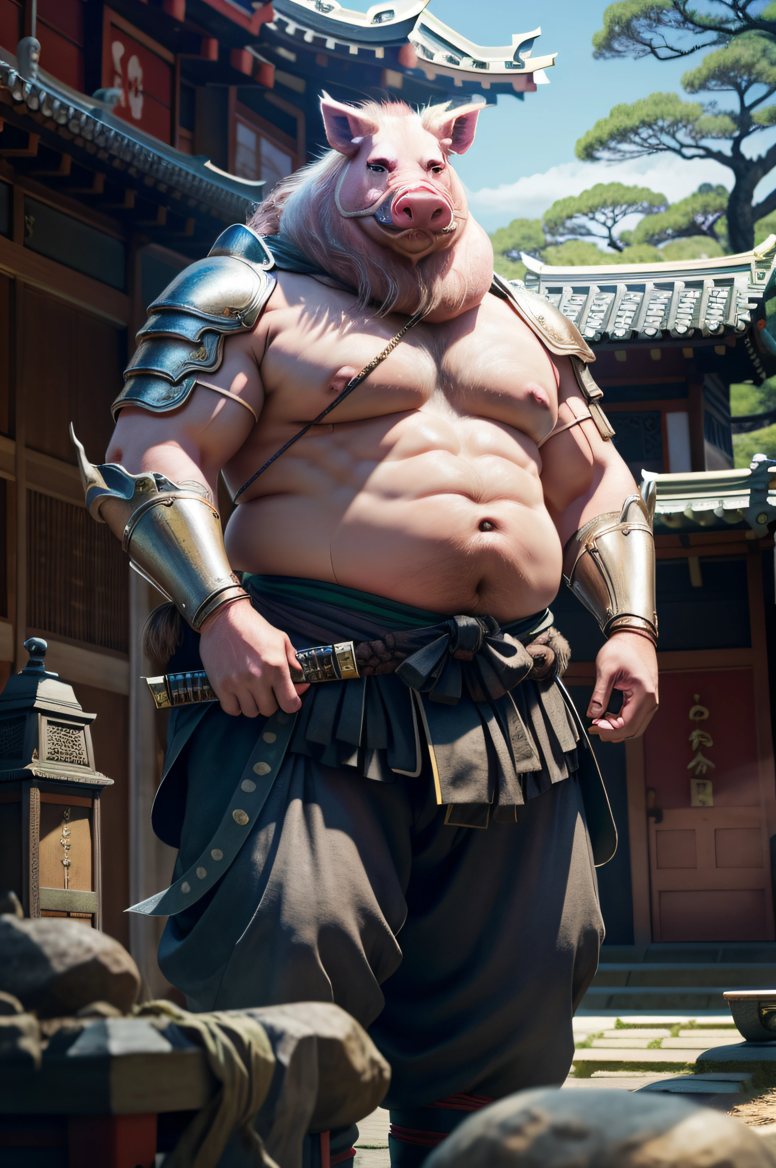 A close up of a man in armor with a pig on his chest - SeaArt AI