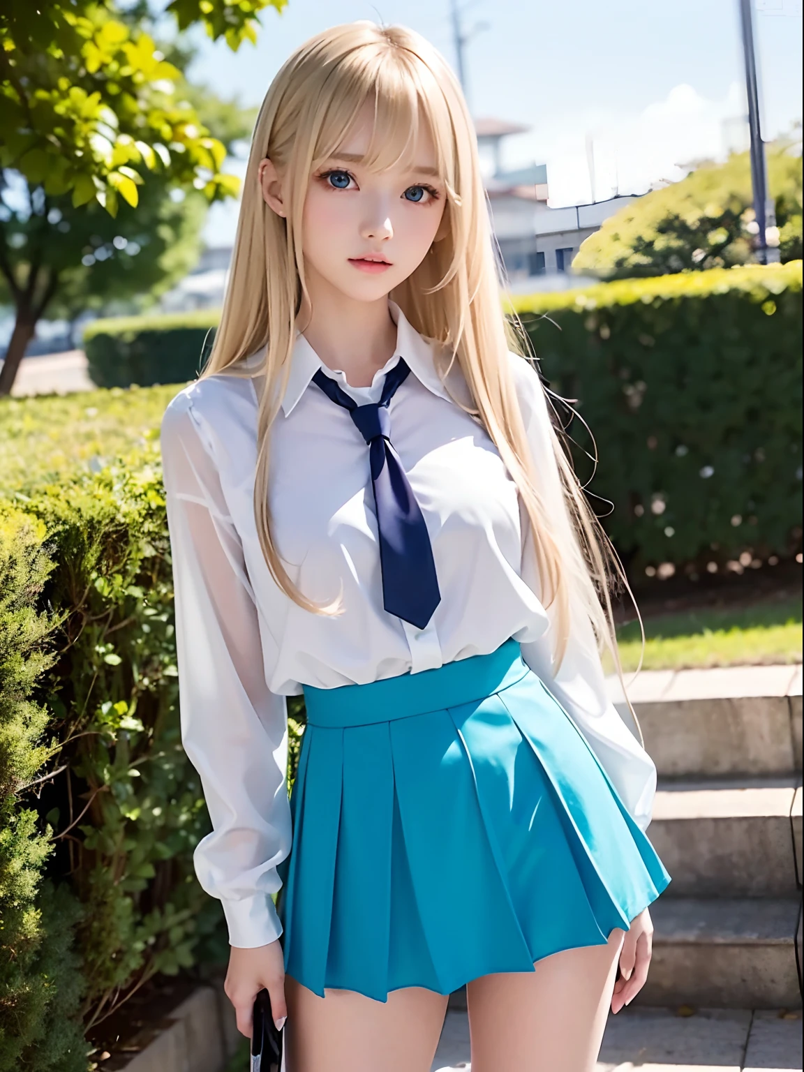 Blond haired girl in a blue skirt and white shirt posing for a picture - SeaArt AI