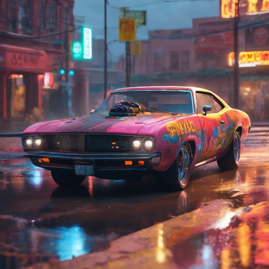 A close up of a car with graffiti on the hood driving down a street ...