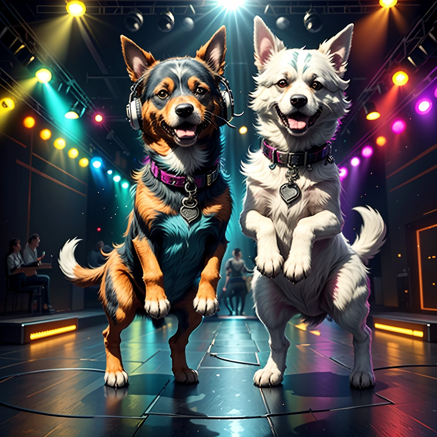 Two dogs are standing on a stage with lights and spotlights - SeaArt AI