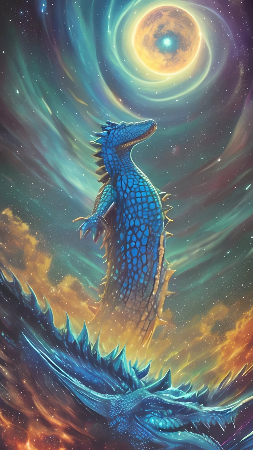A painting of a dragon standing on top of a large body of water - SeaArt AI