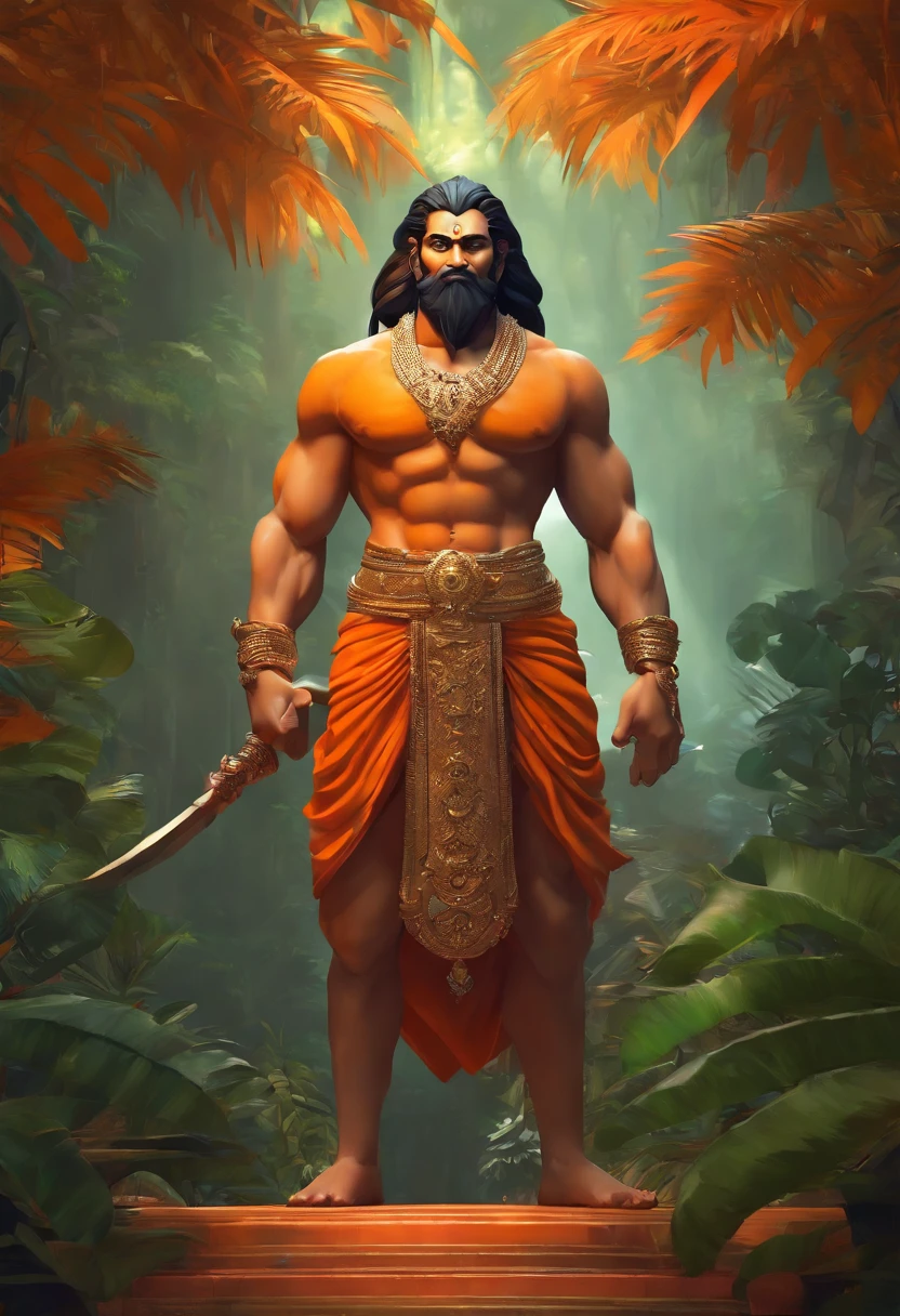 A man with a beard and a sword stands in a jungle - SeaArt AI