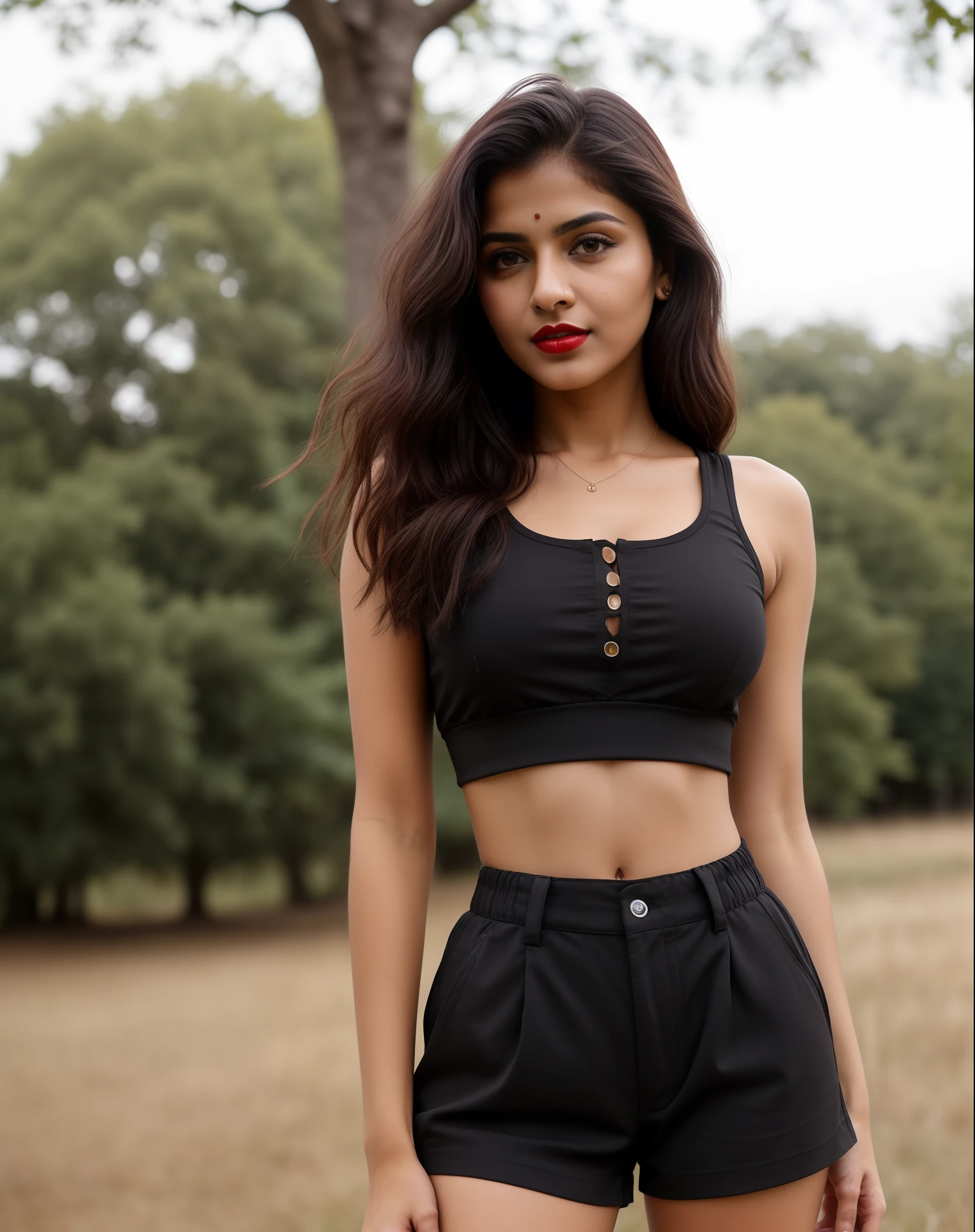 A woman in a black top and shorts posing for a picture - SeaArt AI