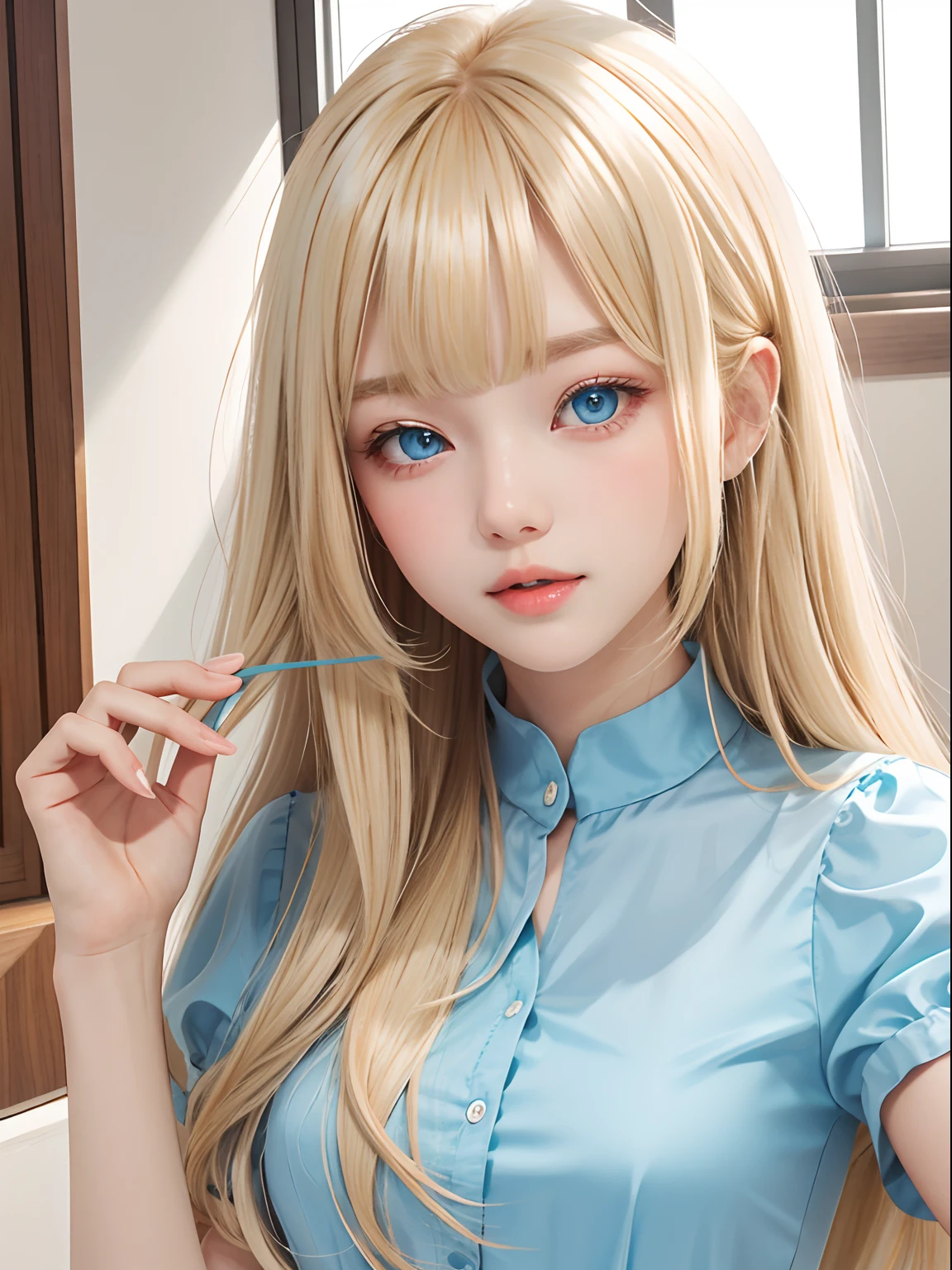 A close up of a woman with long blonde hair and blue eyes - SeaArt AI