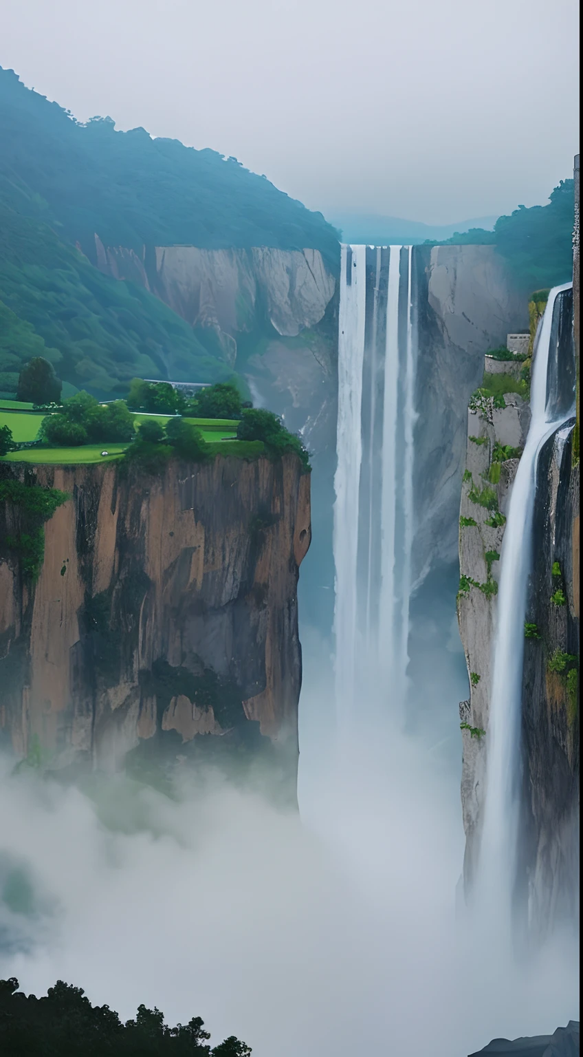 There is a waterfall that is flowing down a mountain side - SeaArt AI