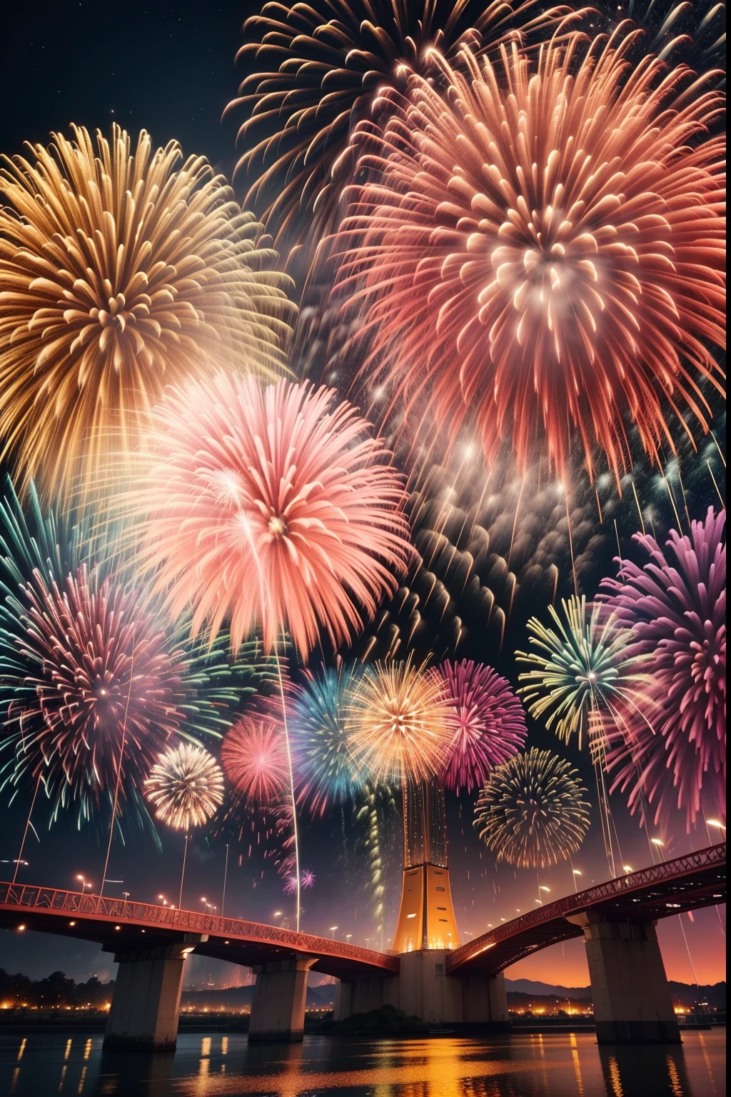 Fireworks are lit up over a bridge and a river - SeaArt AI