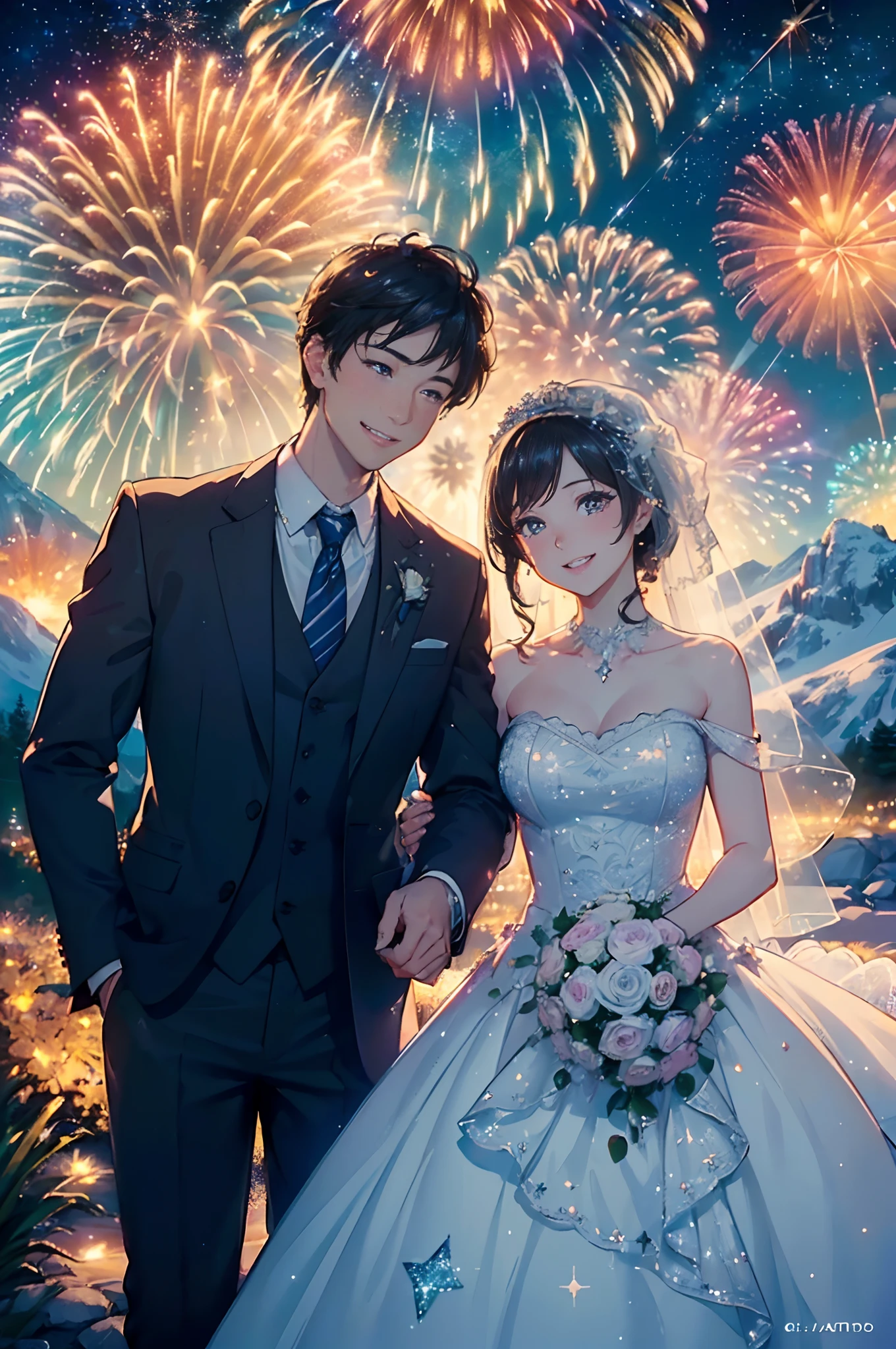 Anime wedding couple with fireworks in the background - SeaArt AI