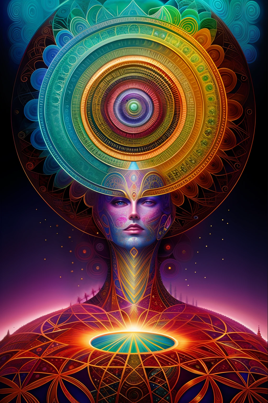 A painting of a woman with a psychedelic head and a psychedelic pattern ...