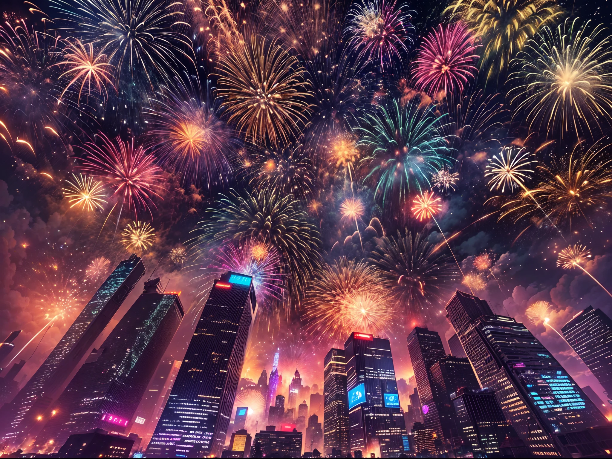 Fireworks in the sky over a city with skyscrapers and a large display ...