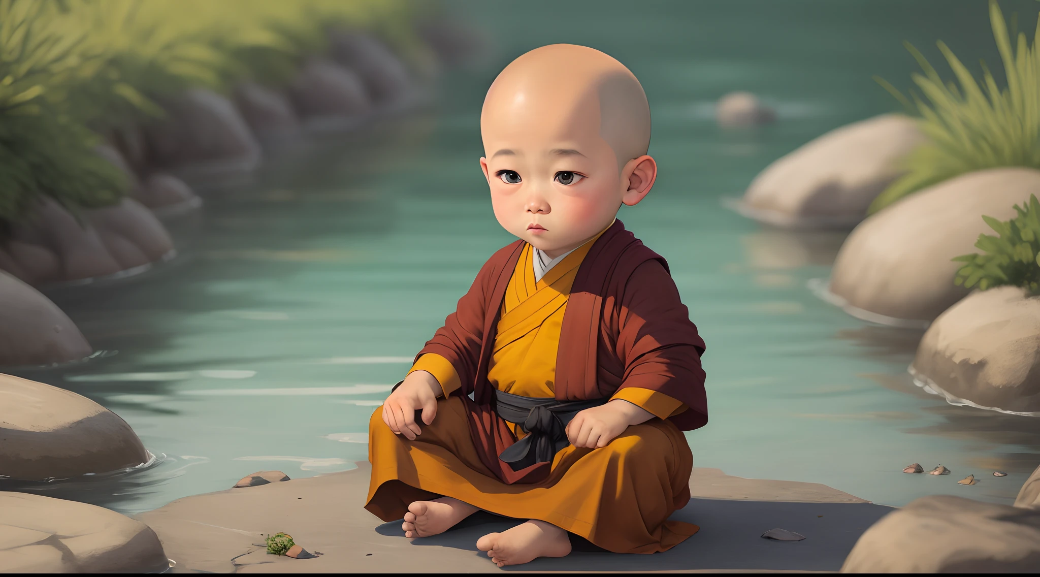A close up of a child sitting on a rock near a body of water - SeaArt AI