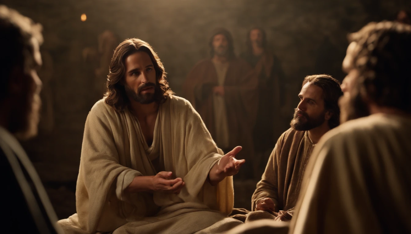 Jesus sitting in a group of people talking to each other - SeaArt AI