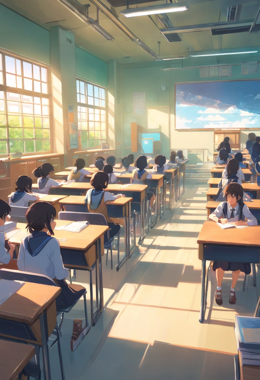 Anime classroom with students sitting at desks and a projector screen ...