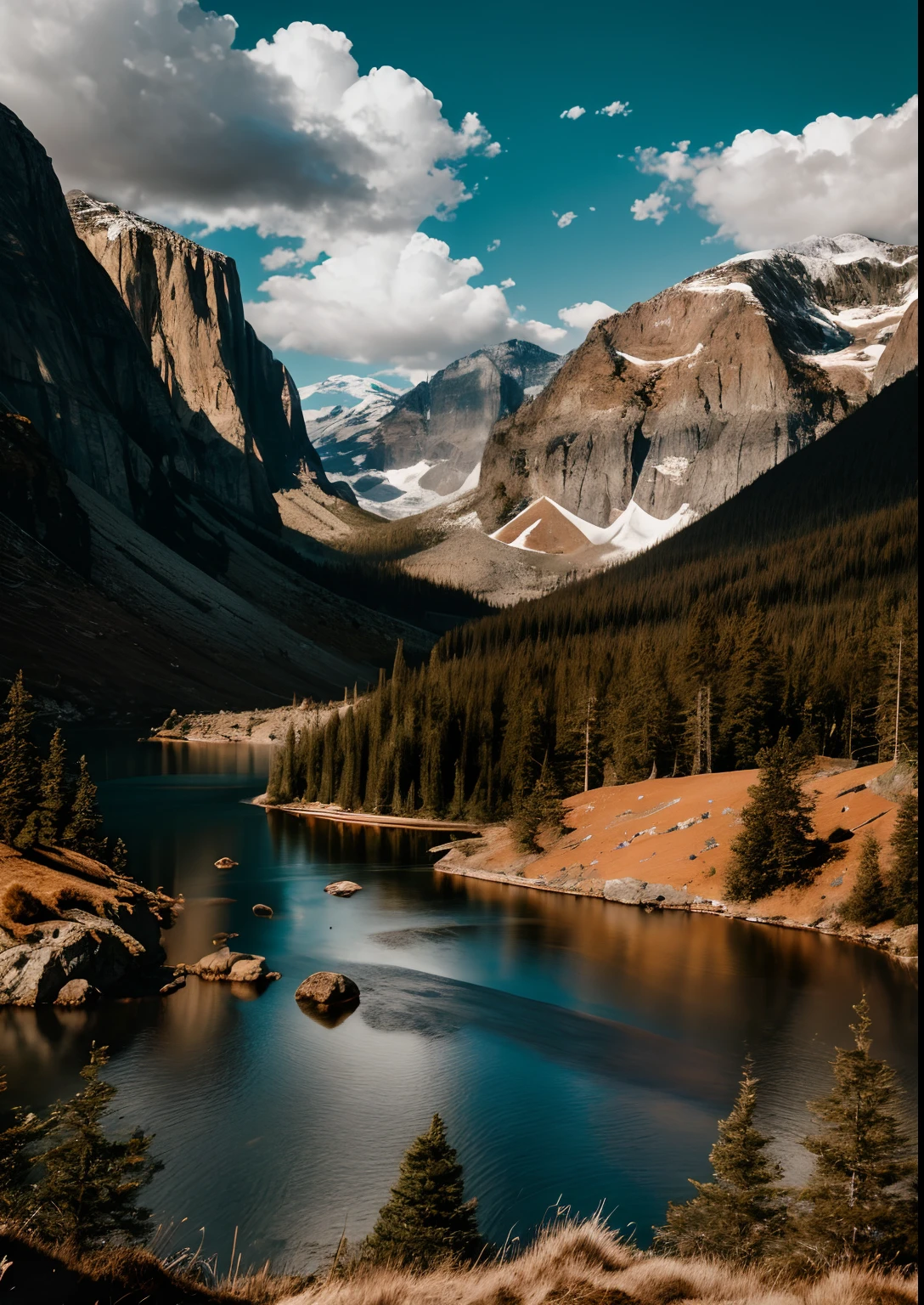 Mountains and a lake in the middle of a valley with trees - SeaArt AI