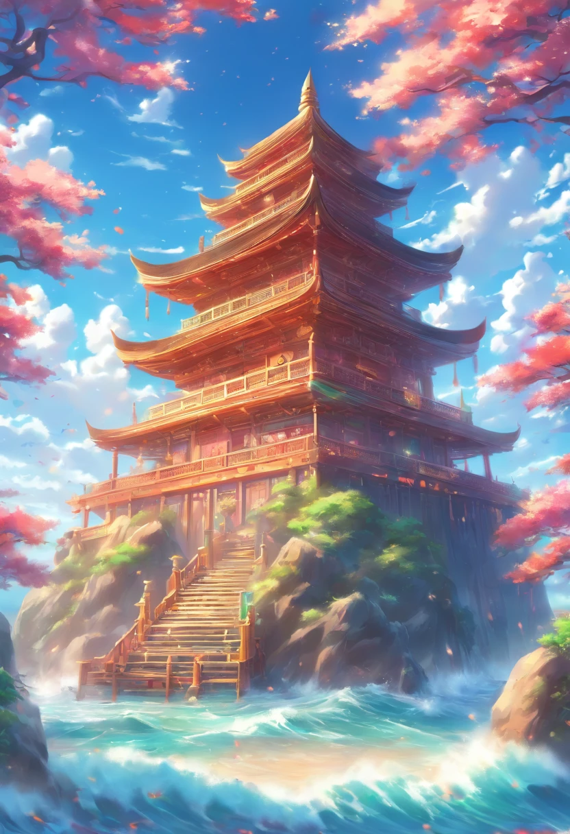 A painting of a pagoda in the middle of a lake - SeaArt AI