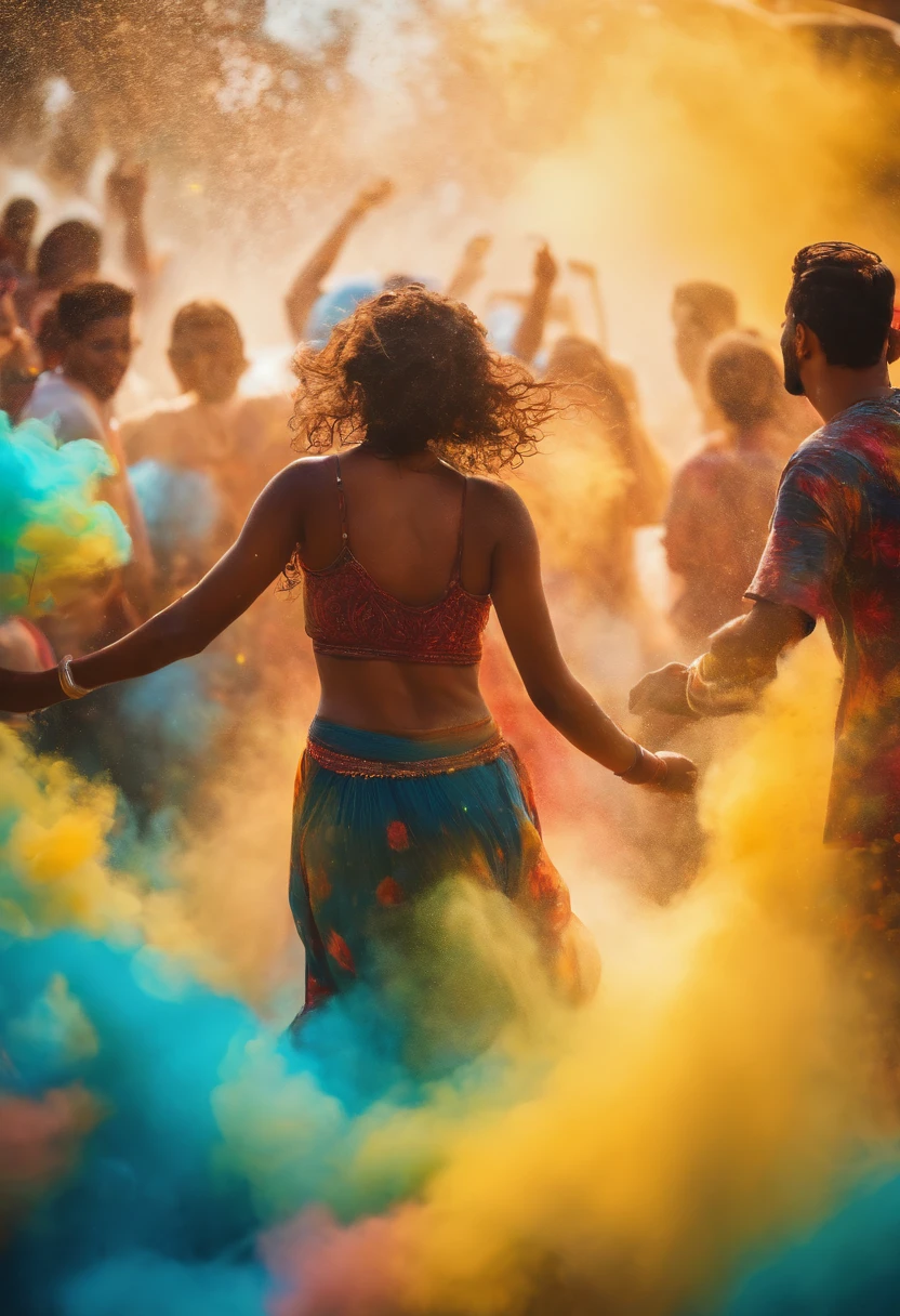 People are dancing with colored powder in a crowd - SeaArt AI