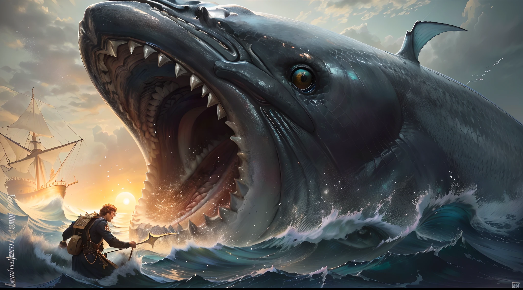 A close up of a shark with a man on a boat in the background - SeaArt AI