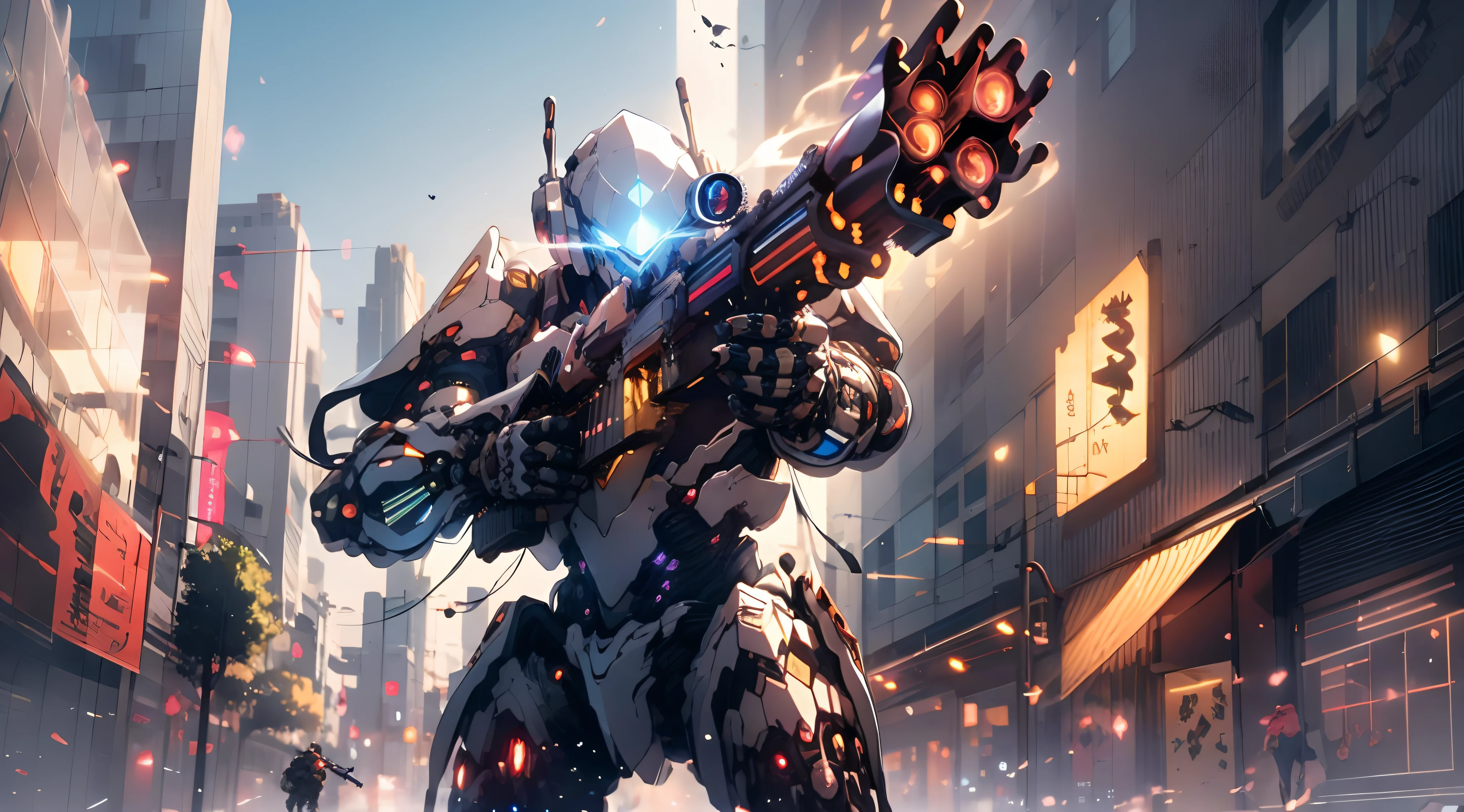 A close up of a robot with a gun in a city - SeaArt AI