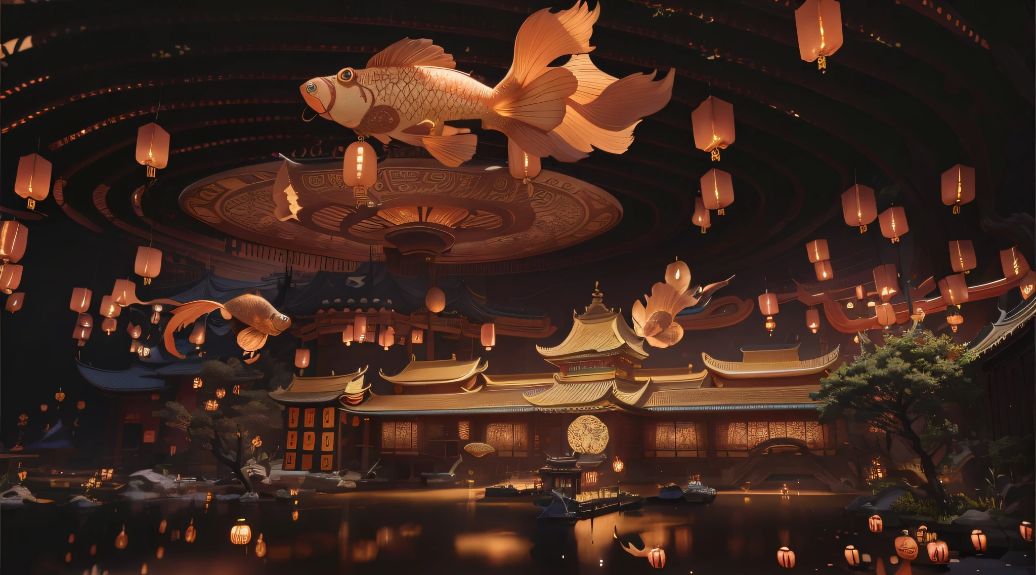 There are many lanterns hanging from the ceiling above a pond - SeaArt AI