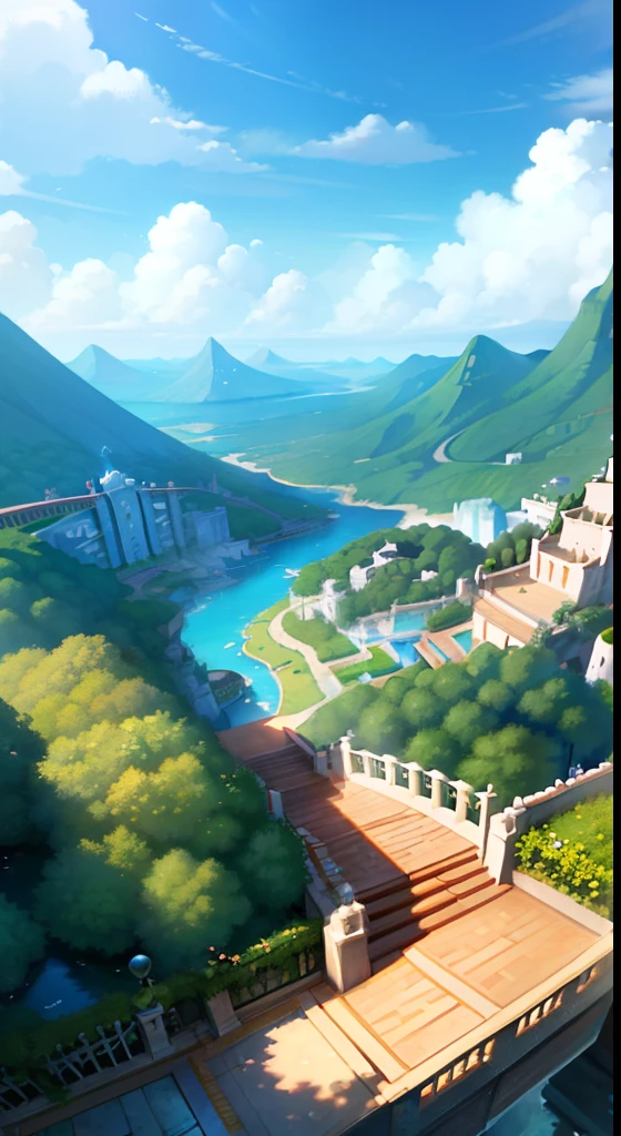 Anime scenery of a castle overlooking a river and a bridge - SeaArt AI
