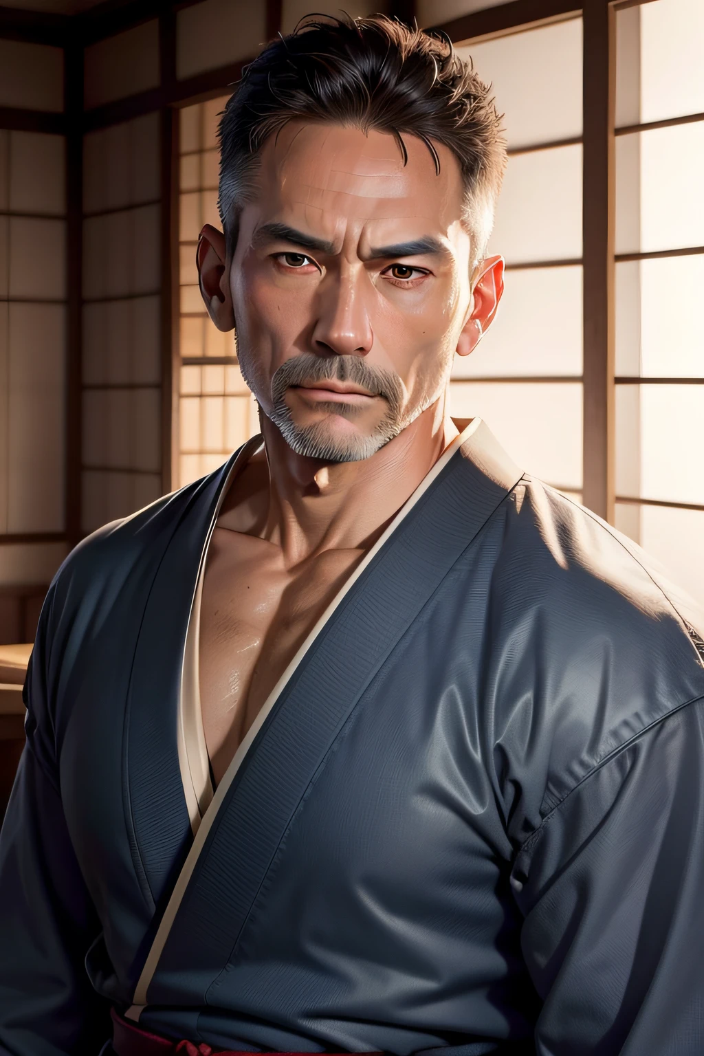 A close up of a man in a blue kimono - SeaArt AI