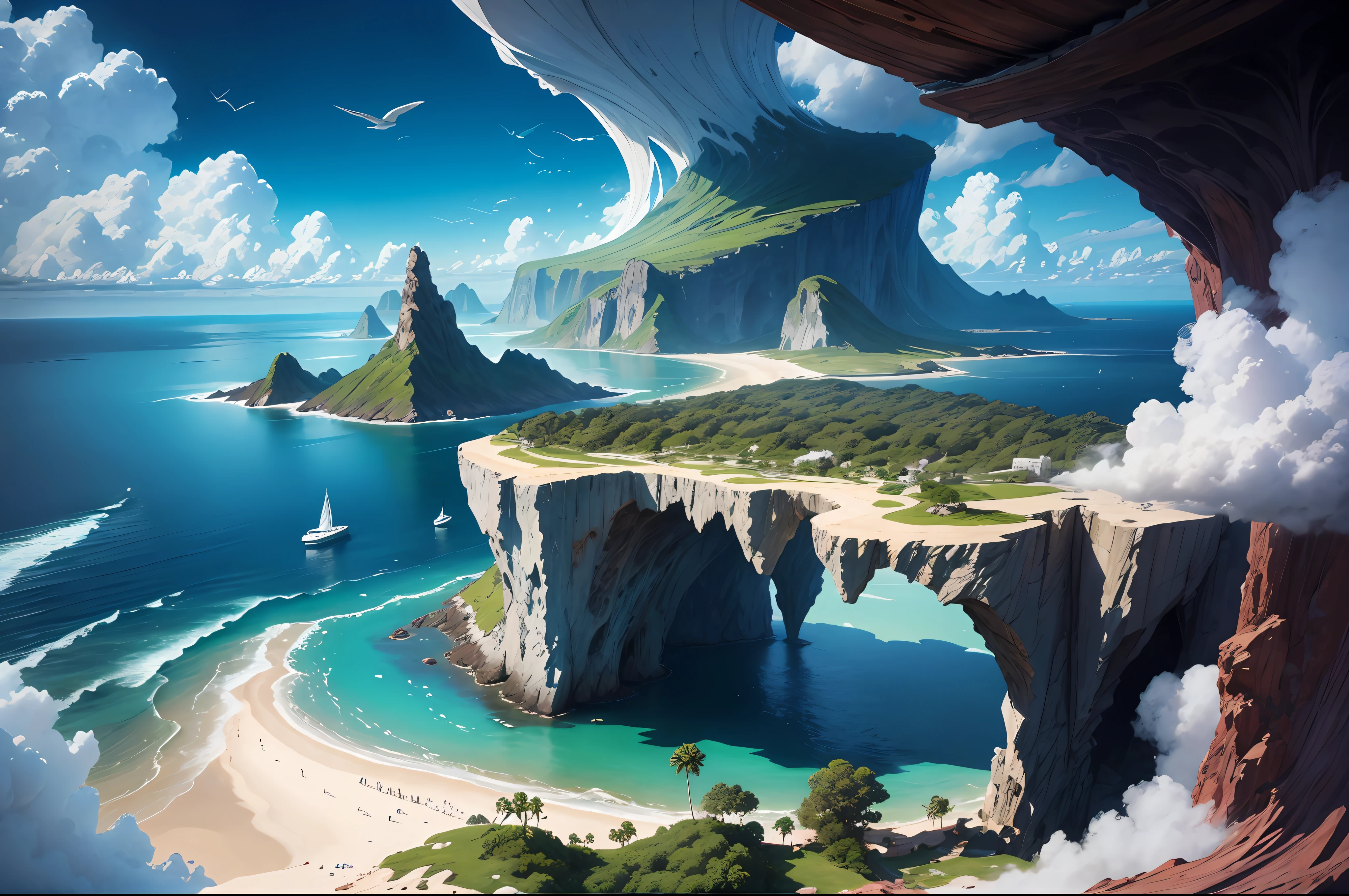 Anime landscape of a beach with a cliff and a boat - SeaArt AI