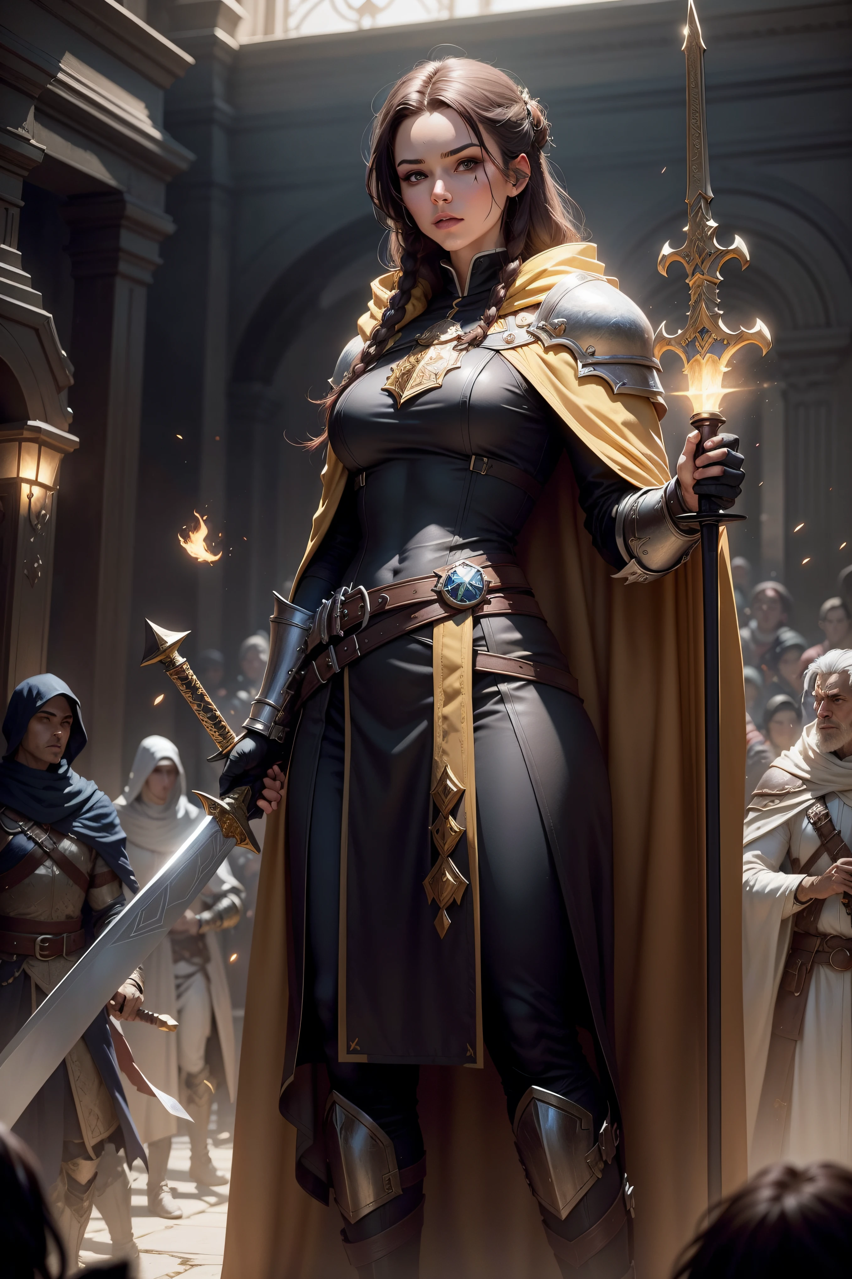 A woman in armor holding a sword in a room full of people - SeaArt AI
