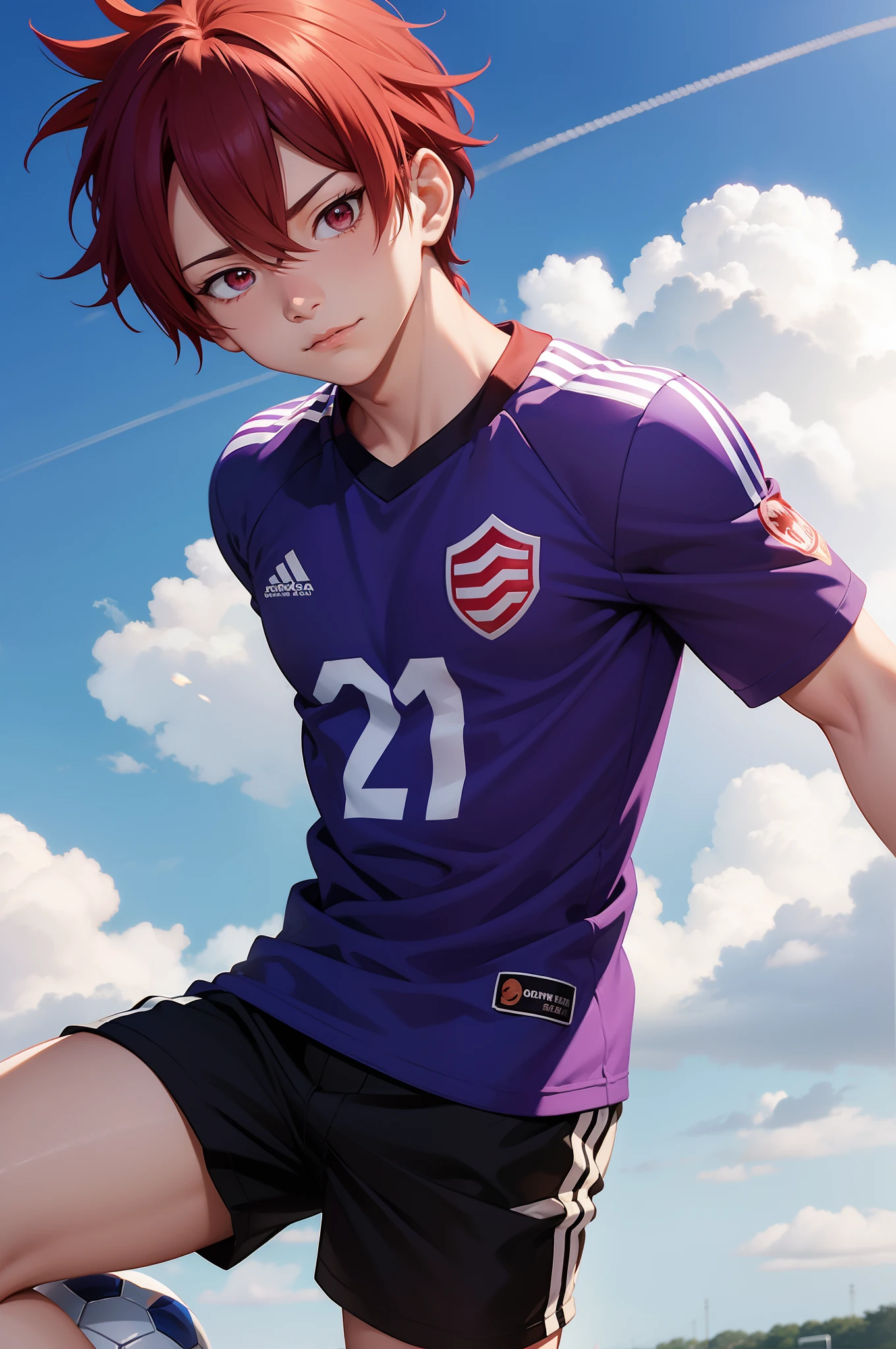 Anime boy in purple soccer uniform kicking a soccer ball - SeaArt AI