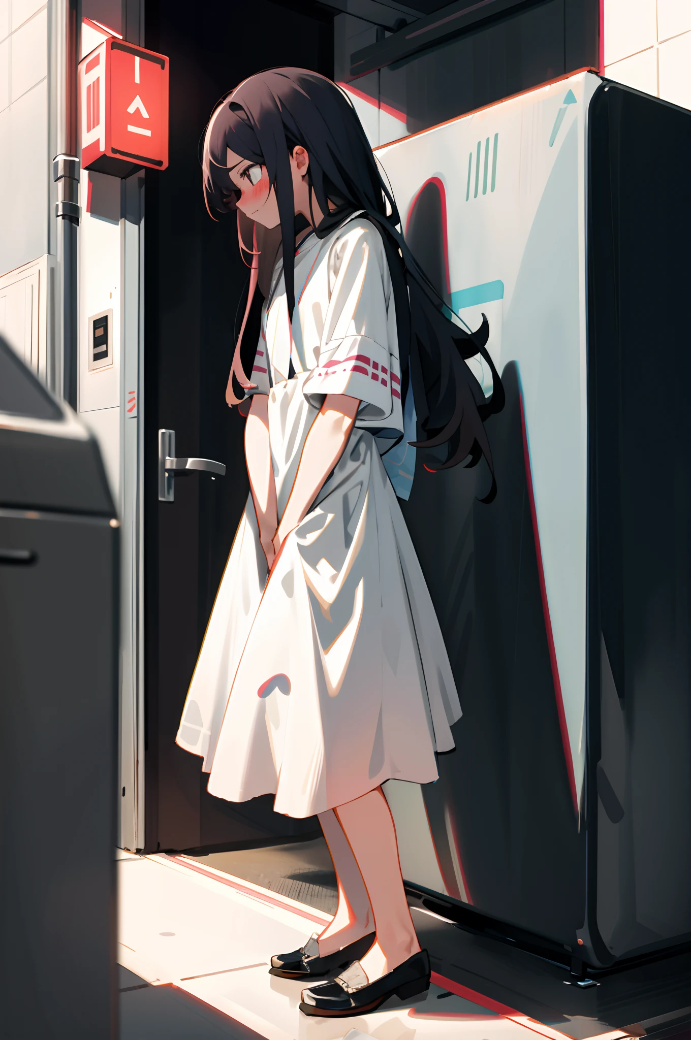 Anime girl standing in front of a refrigerator with a backpack - SeaArt AI