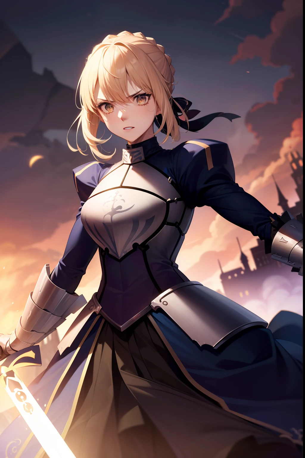 A woman in a long dress holding a sword in front of a sunset - SeaArt AI