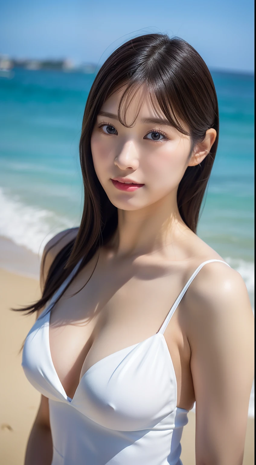 A close up of a woman in a white top on a beach - SeaArt AI