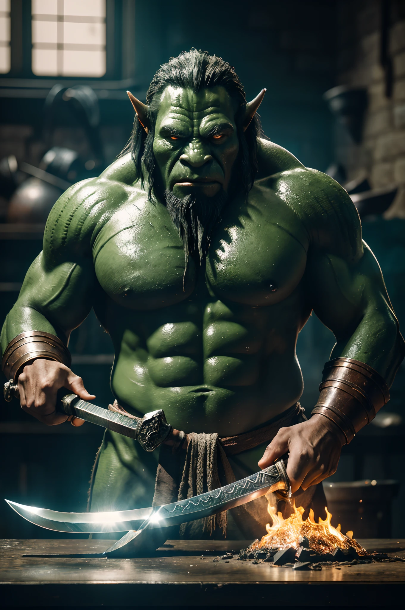 A man in a green costume holding a knife and a knife - SeaArt AI
