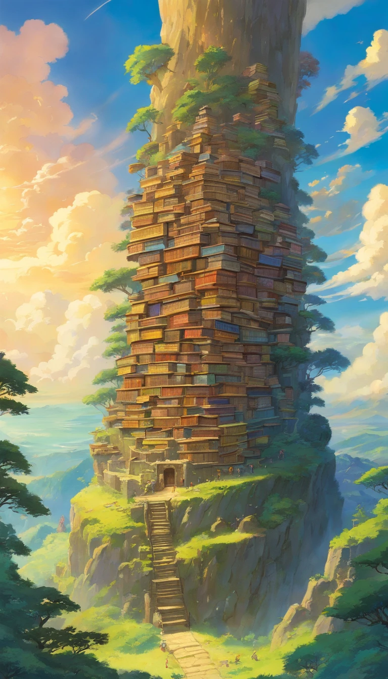 A painting of a tower made of books with a sky background - SeaArt AI