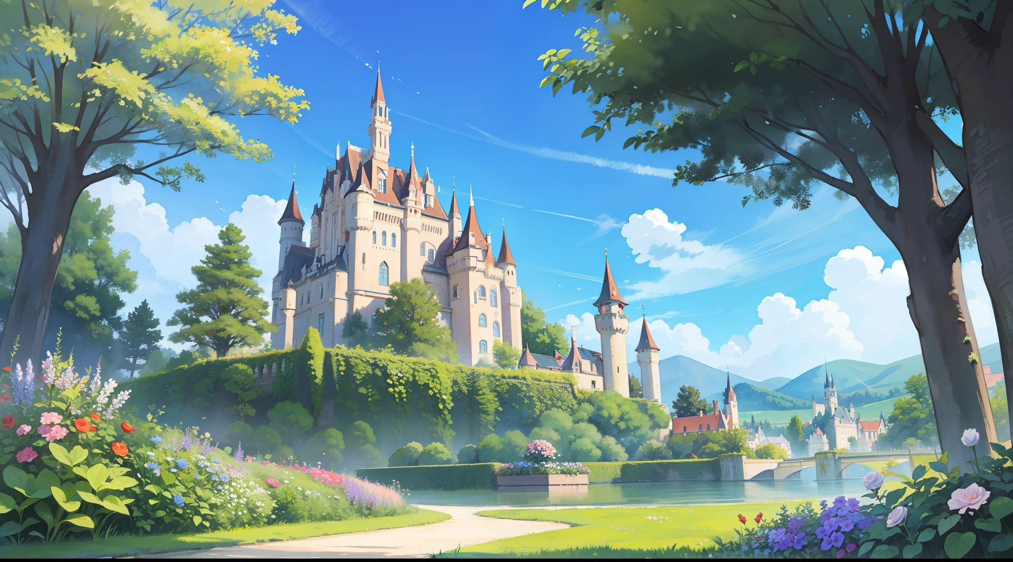 Anime castle with a pond and trees in the foreground - SeaArt AI