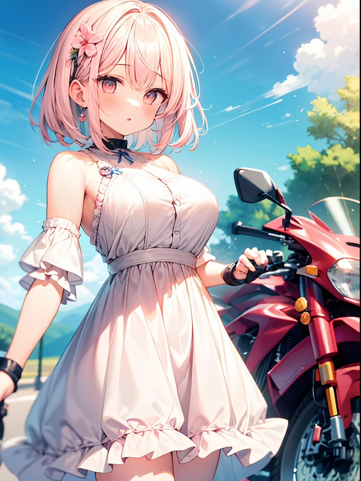 Anime girl in short dress standing next to a motorcycle - SeaArt AI