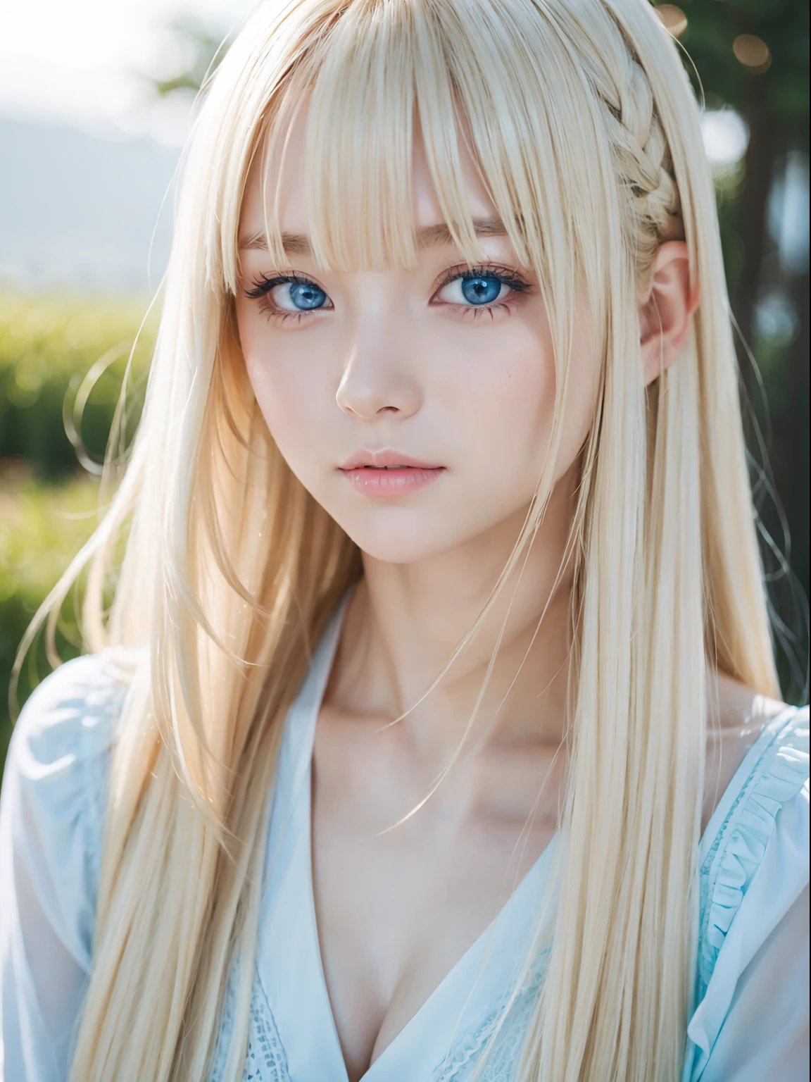 A close up of a woman with long blonde hair and blue eyes - SeaArt AI