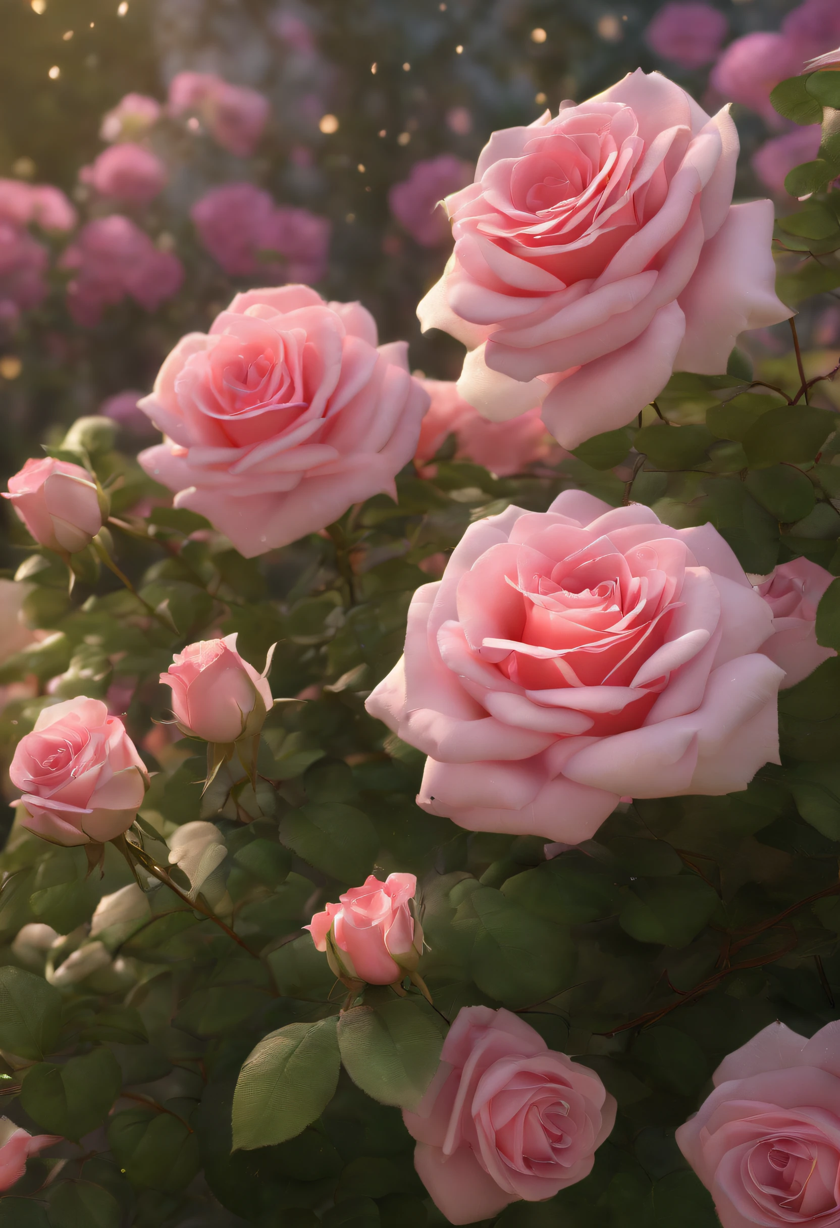 There are many pink roses that are growing in the garden - SeaArt AI
