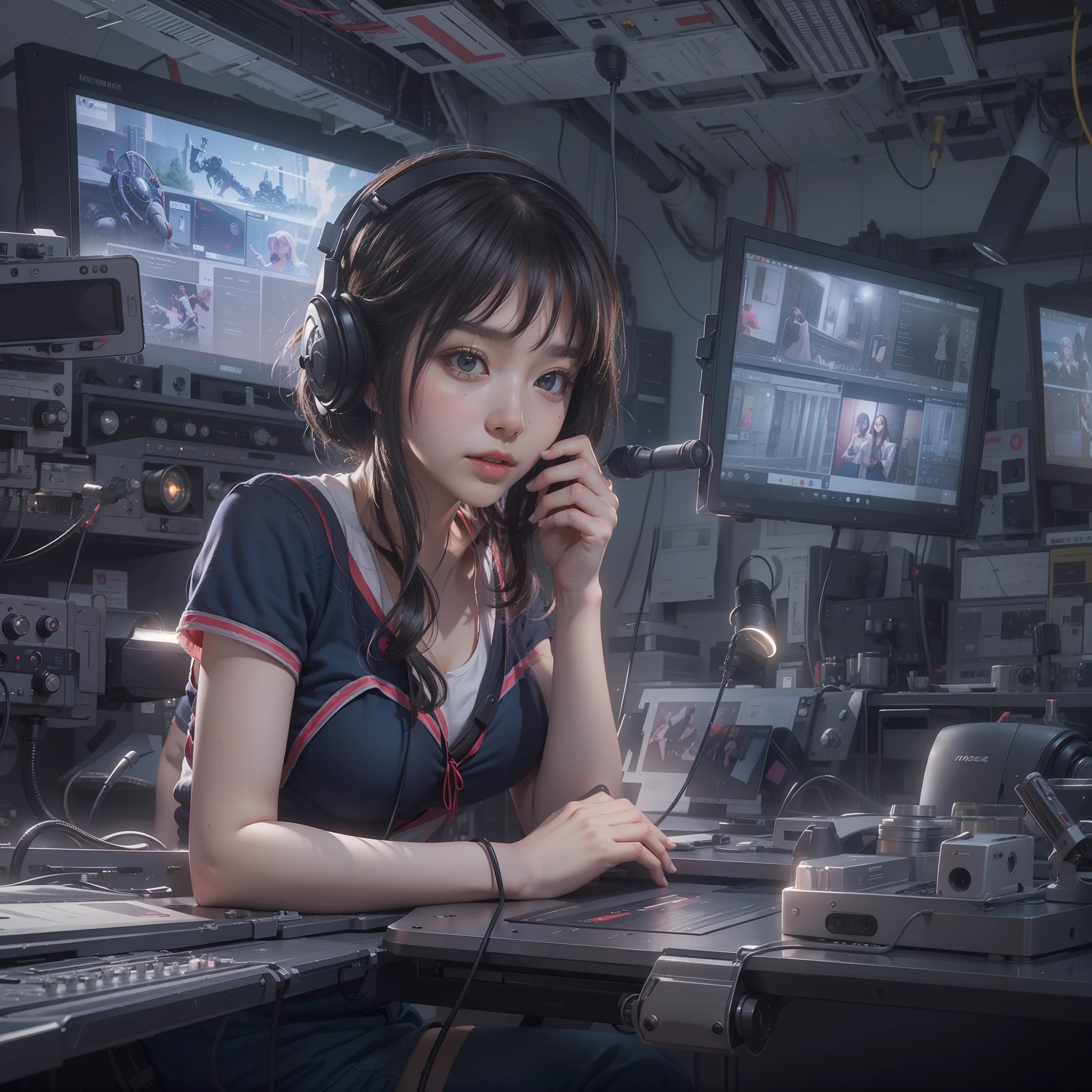Anime girl in a control room with a microphone and a laptop - SeaArt AI