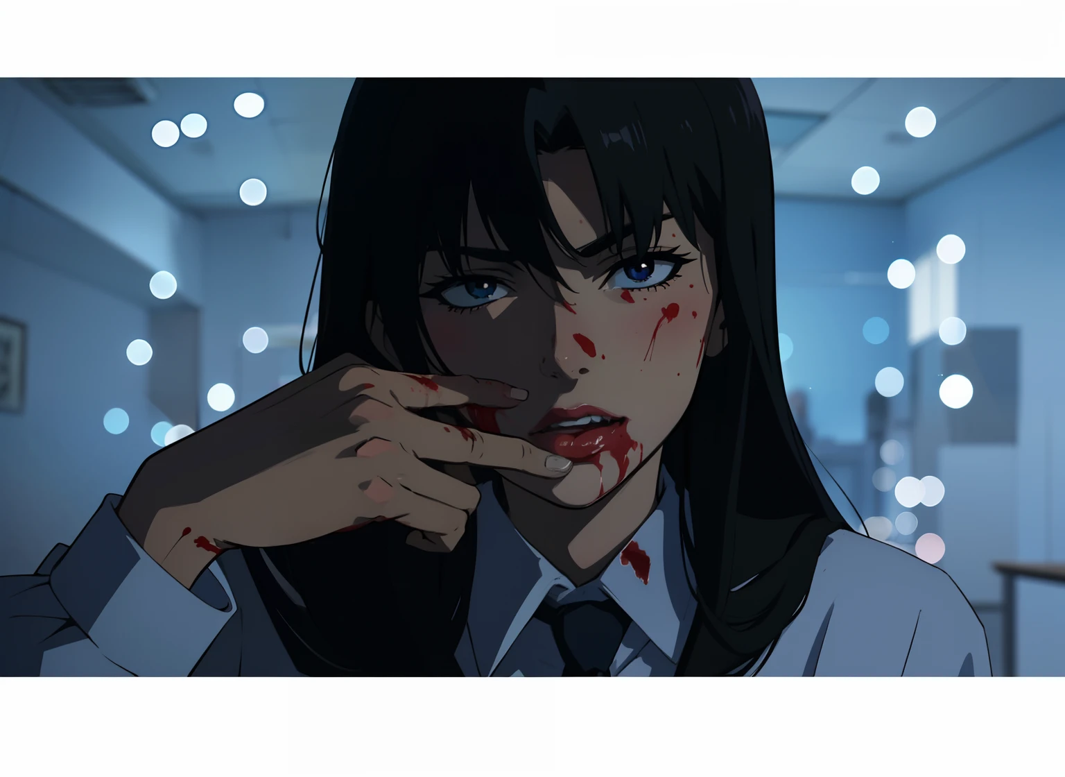 Anime girl with blood on her face and hands near her mouth - SeaArt AI