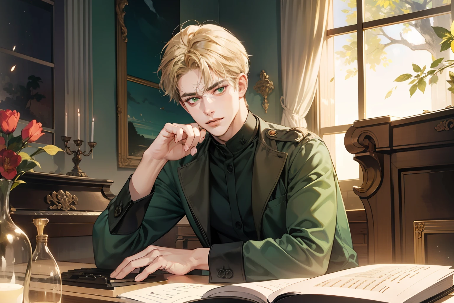 There is a man sitting at a table with a book and a computer - SeaArt AI