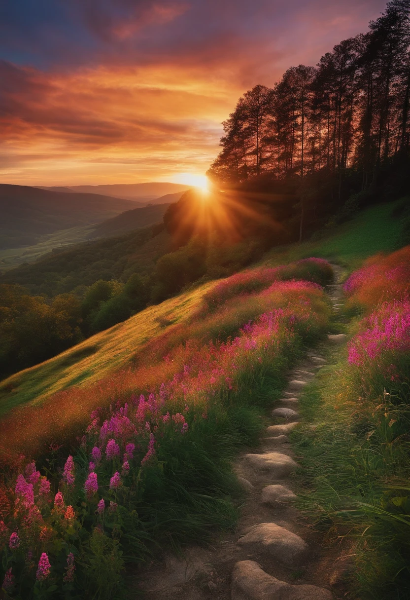 A path leading to a sunset over a grassy hillside - SeaArt AI