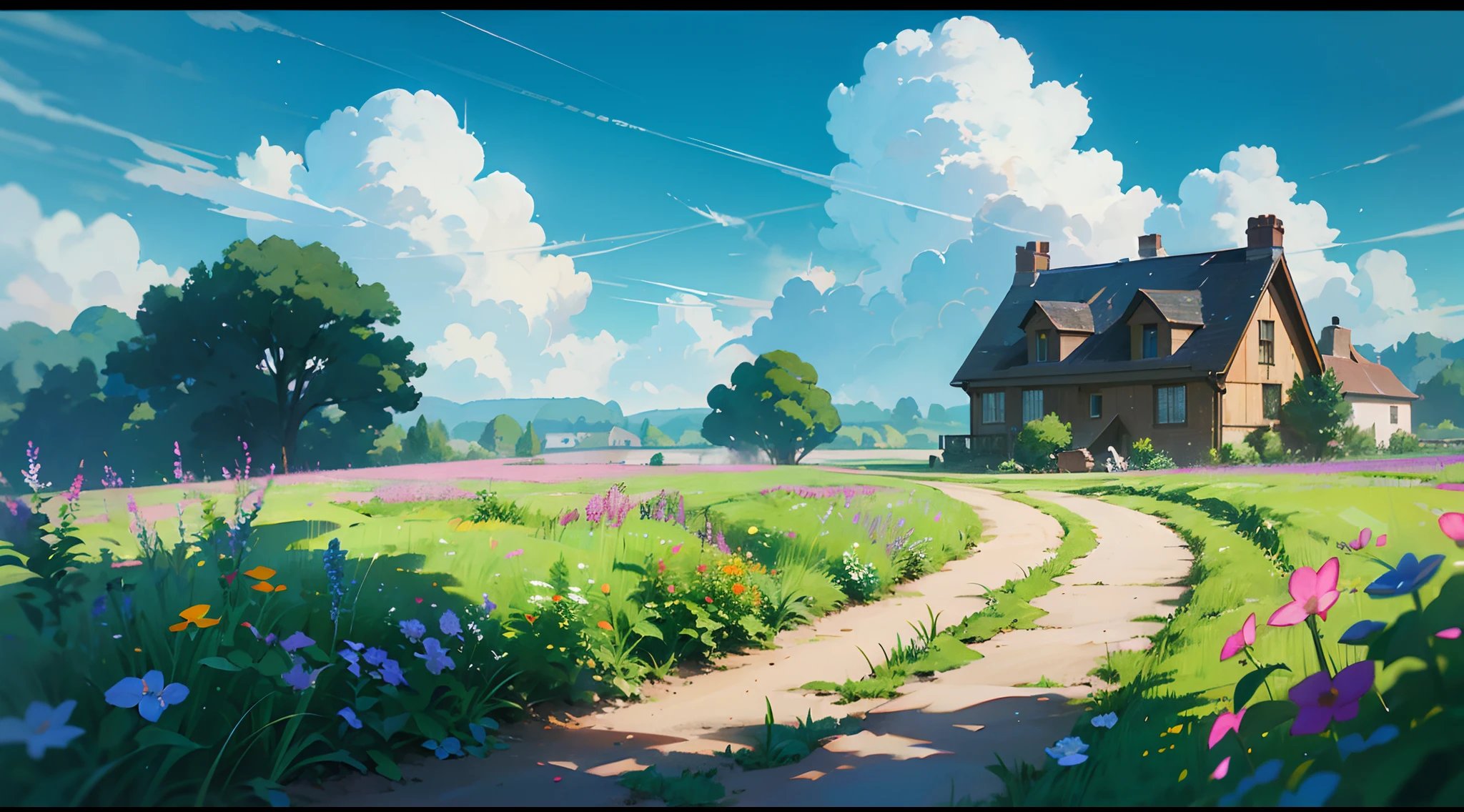 Anime house in a field with flowers and a path - SeaArt AI