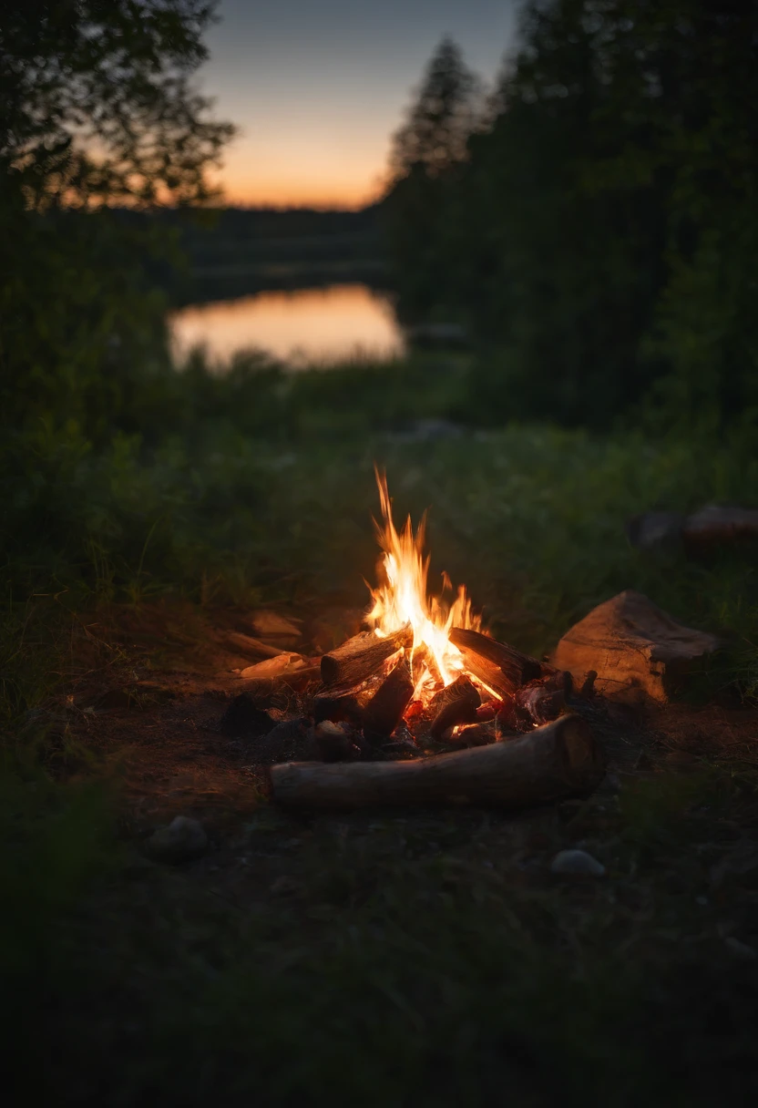 A close up of a campfire with a lake in the background - SeaArt AI