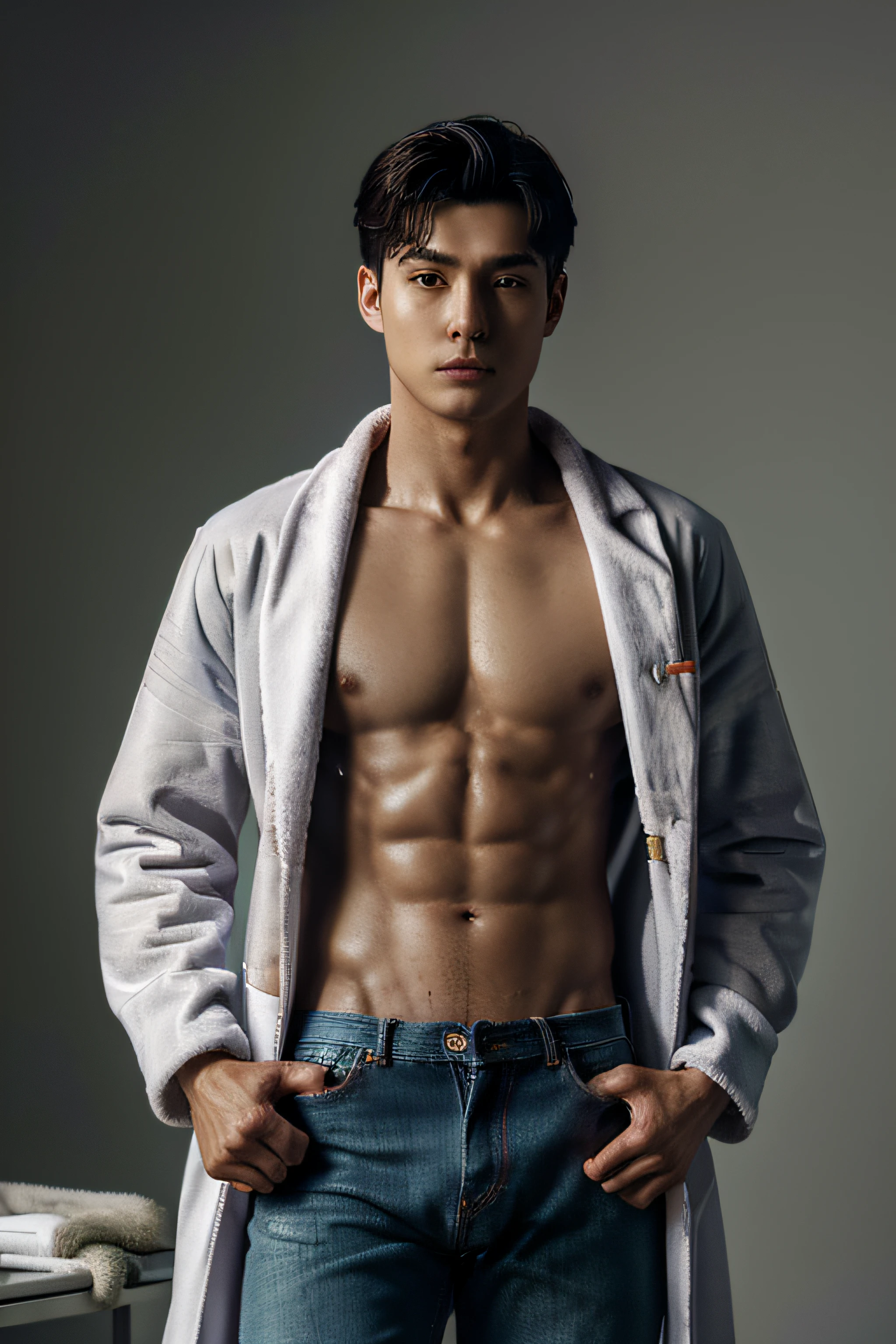 A shirtless man in jeans and a white coat posing for a picture - SeaArt AI